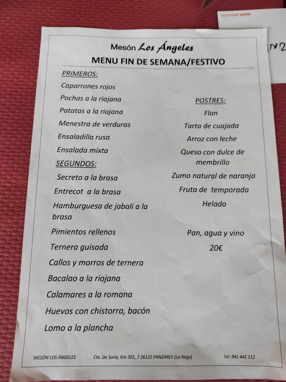Carta de parrilla Meson Los Angeles, Panzares, C. Carretera