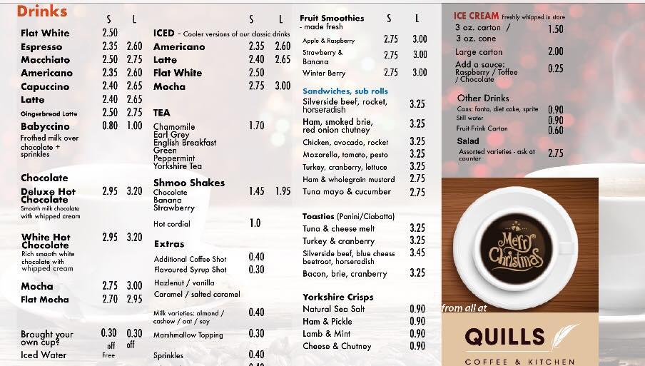 Carta del café Quills, Beverley