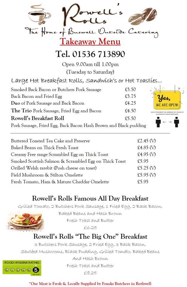 Menu at Rowell's Rolls cafe, Rothwell