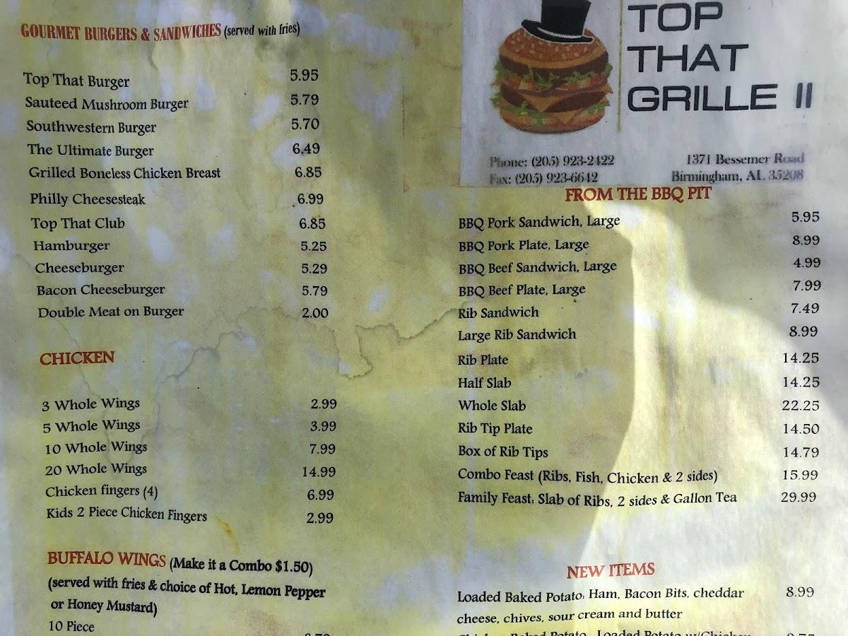 Menu at Top That Grille II restaurant, Birmingham, Bessemer Rd