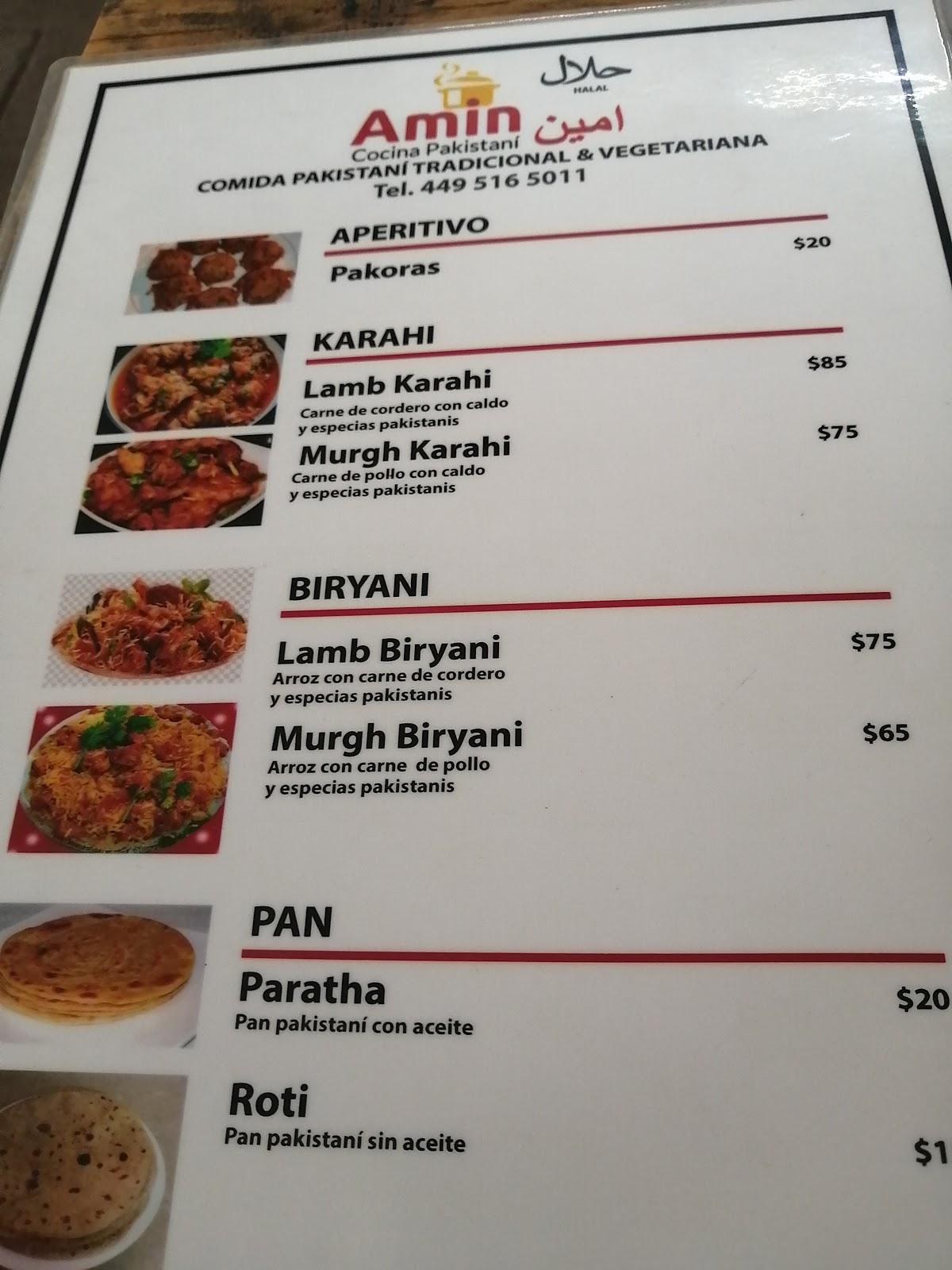 Menu at Amin Restaurante Pakistaní, Aguascalientes