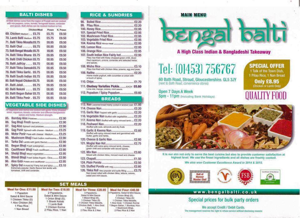 Menu at Bengal Balti restaurant, Stroud