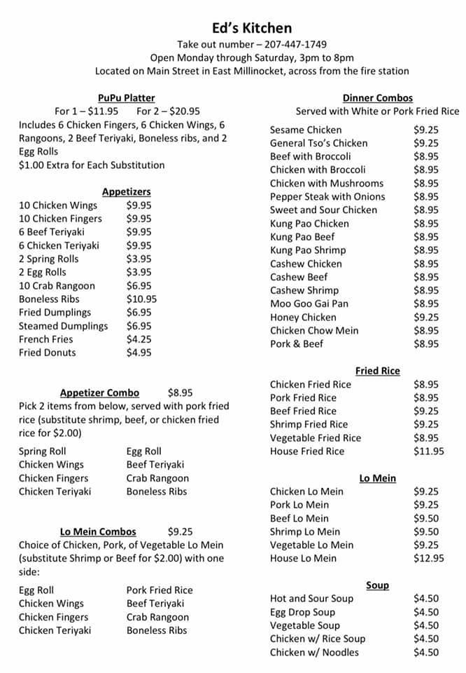 Menu at Ed's Kitchen restaurant, East Millinocket, Main Street