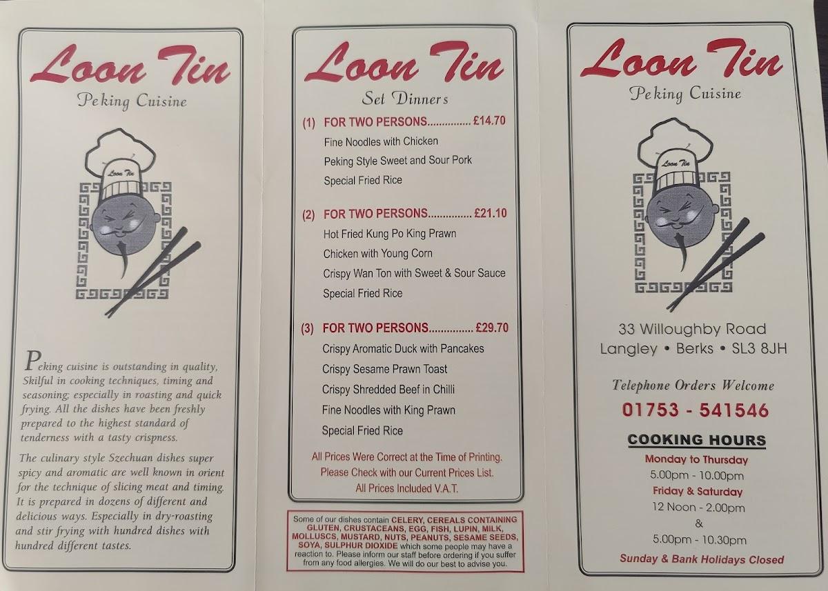Menu at Loon Tin fast food, Slough