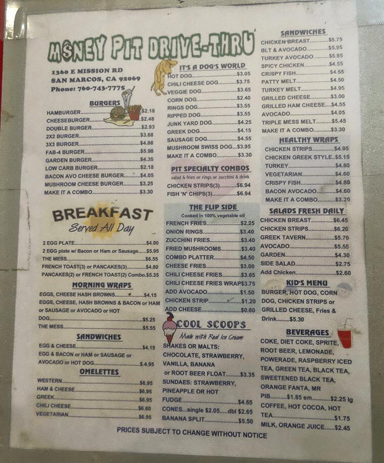Menu at Money Pit fast food, San Marcos