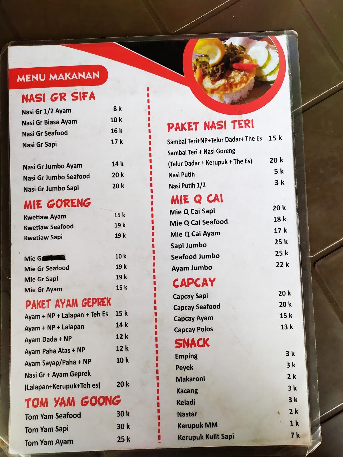 Menu at Nasi Goreng Sifa restaurant, Pontianak, Jl. Surya No.3