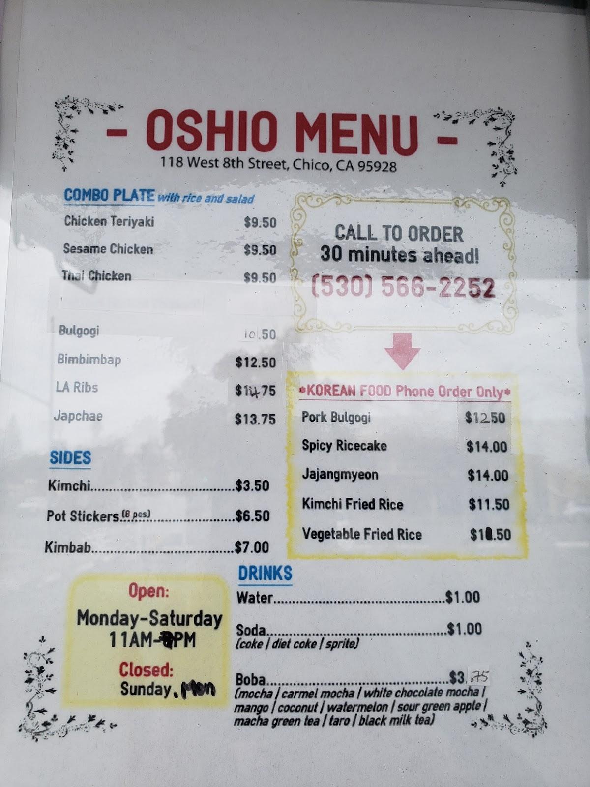 Menu at Oshio, Chico