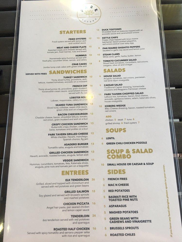 Menu at Park Tavern restaurant, El Paso