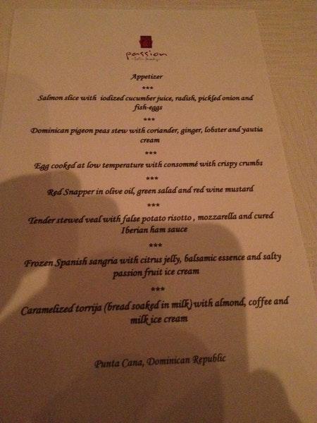 Menu at Passion restaurant, Punta Cana