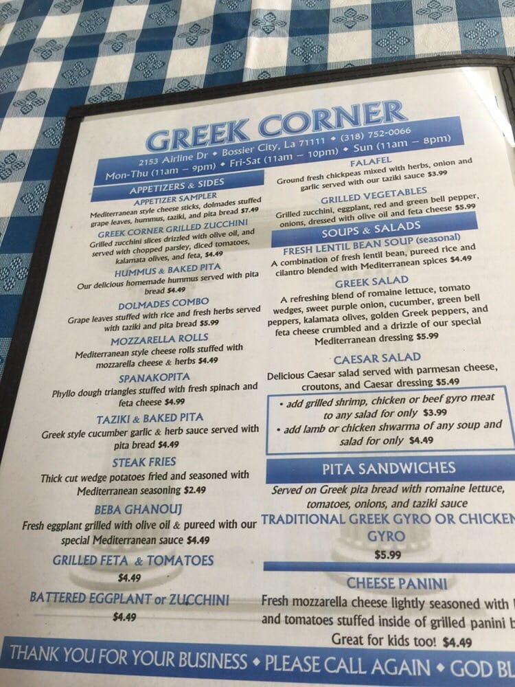 Menu at Greek Corner restaurant, Bossier City, Airline Dr