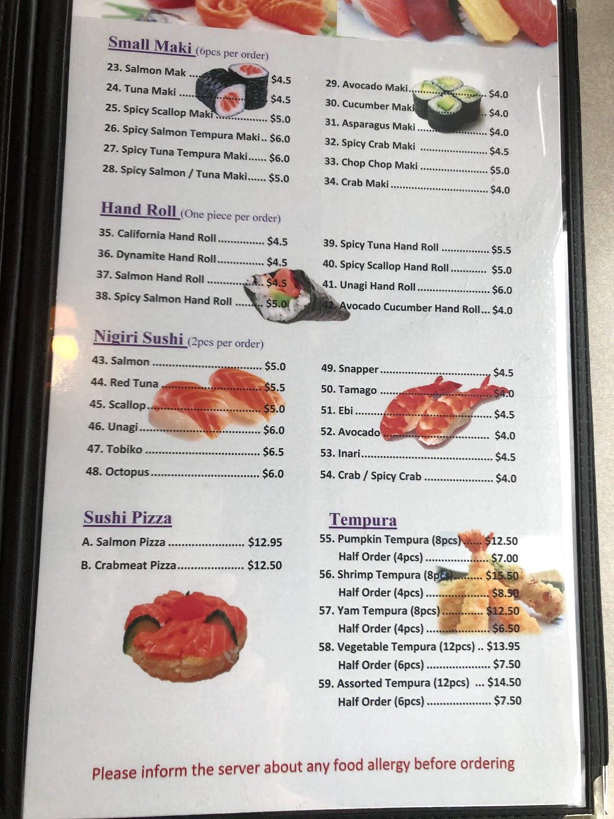 Menu at Kujira restaurant, Whitecourt