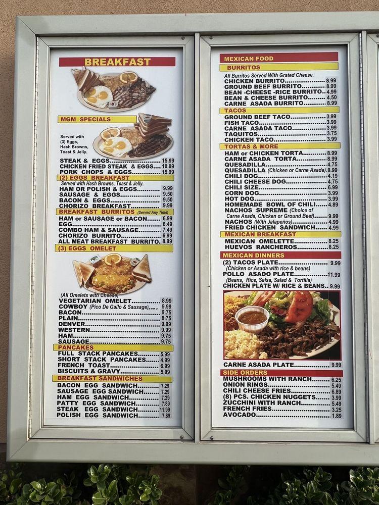 Menu at MGM Burgers restaurant, Riverside, Main St