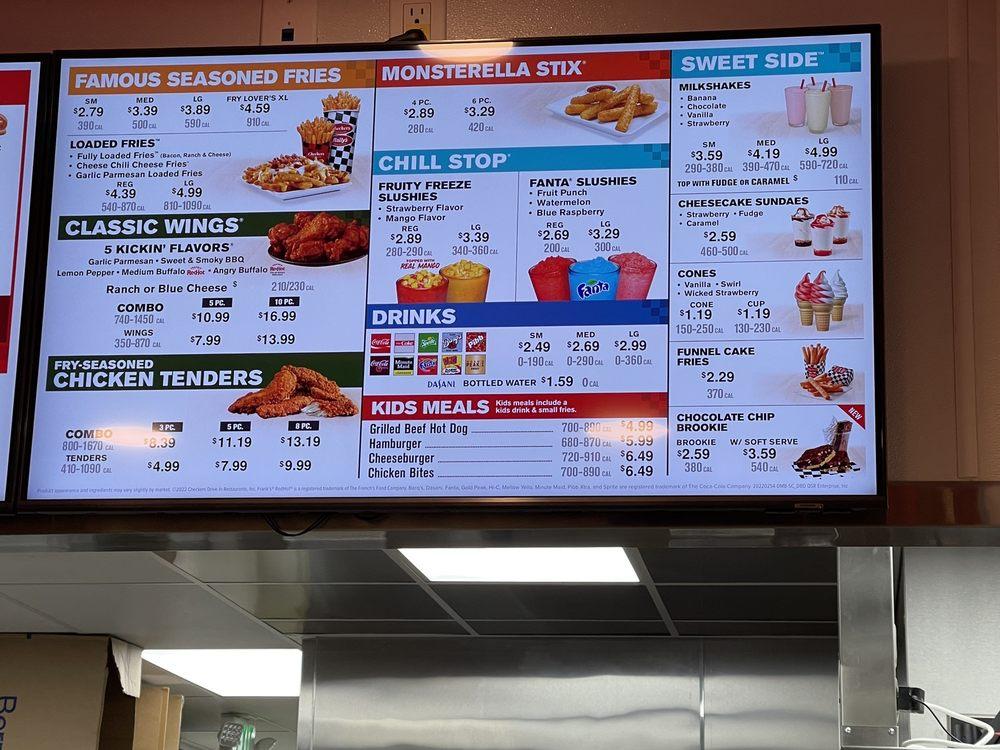 Menu at Rally's fast food, Garden Grove, Katella Ave