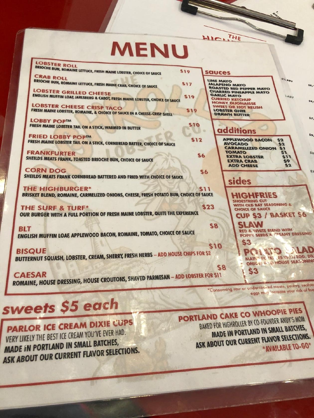 Menu at The Highroller Lobster Co. pub & bar, Portland