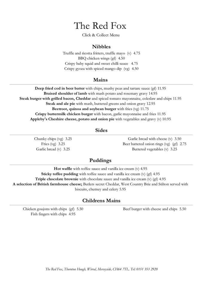 Menu at The Red Fox pub & bar, Neston, The Red Fox