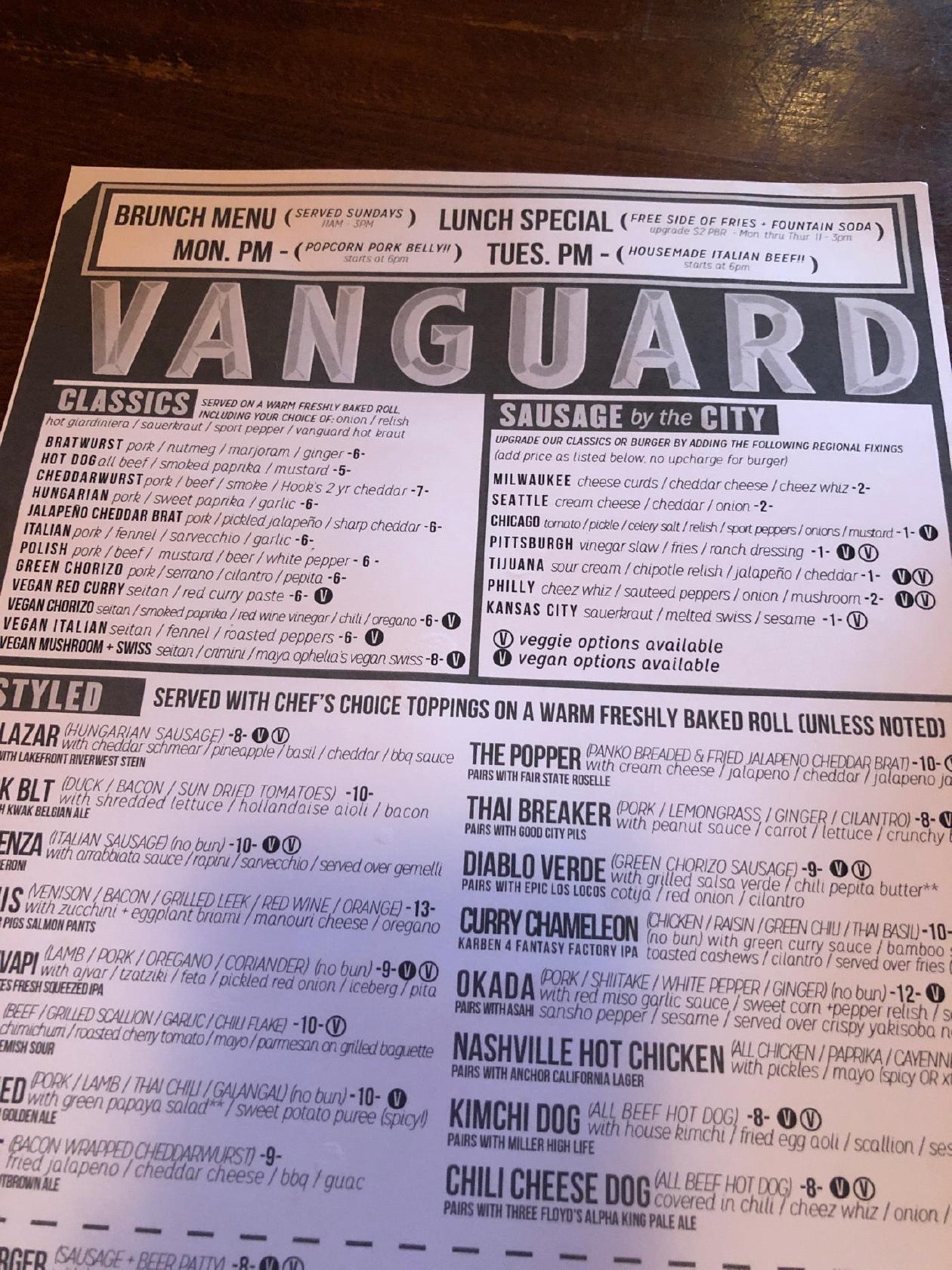 Menu at The Vanguard pub & bar, Milwaukee