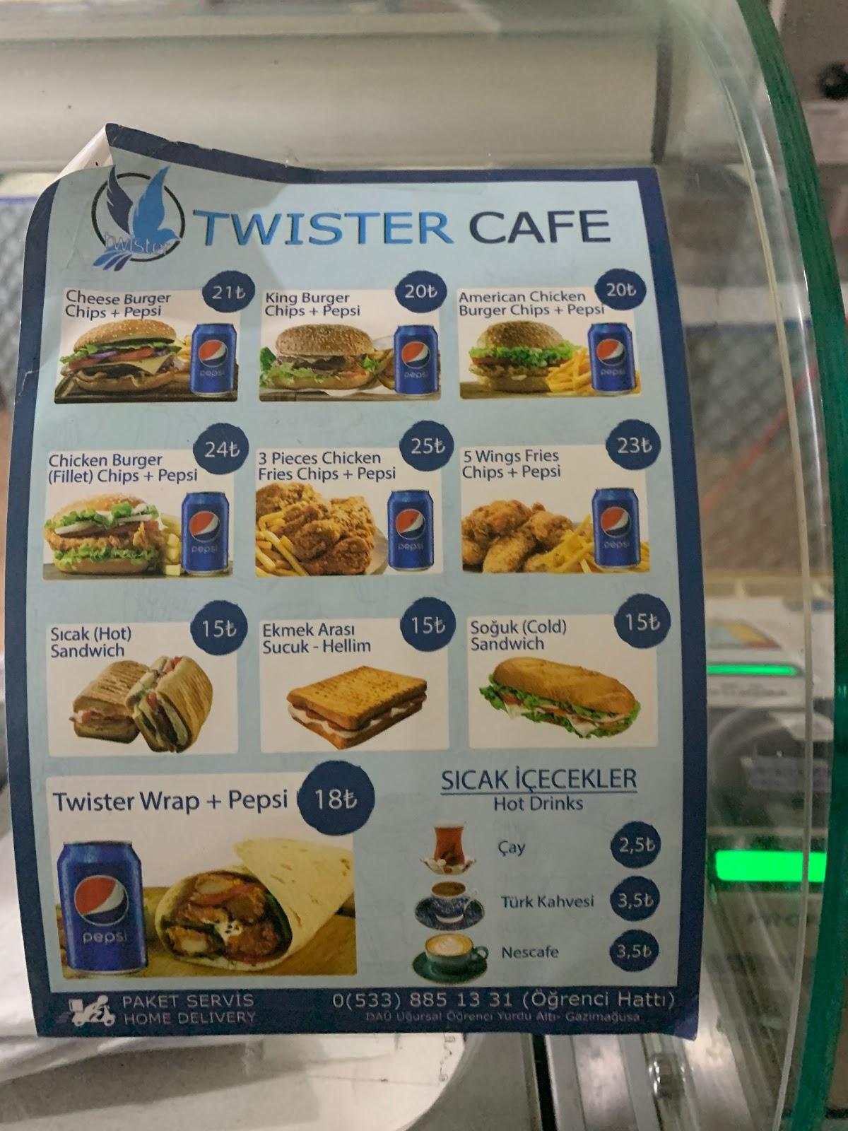 Menu at Twister Cafe, Cyprus