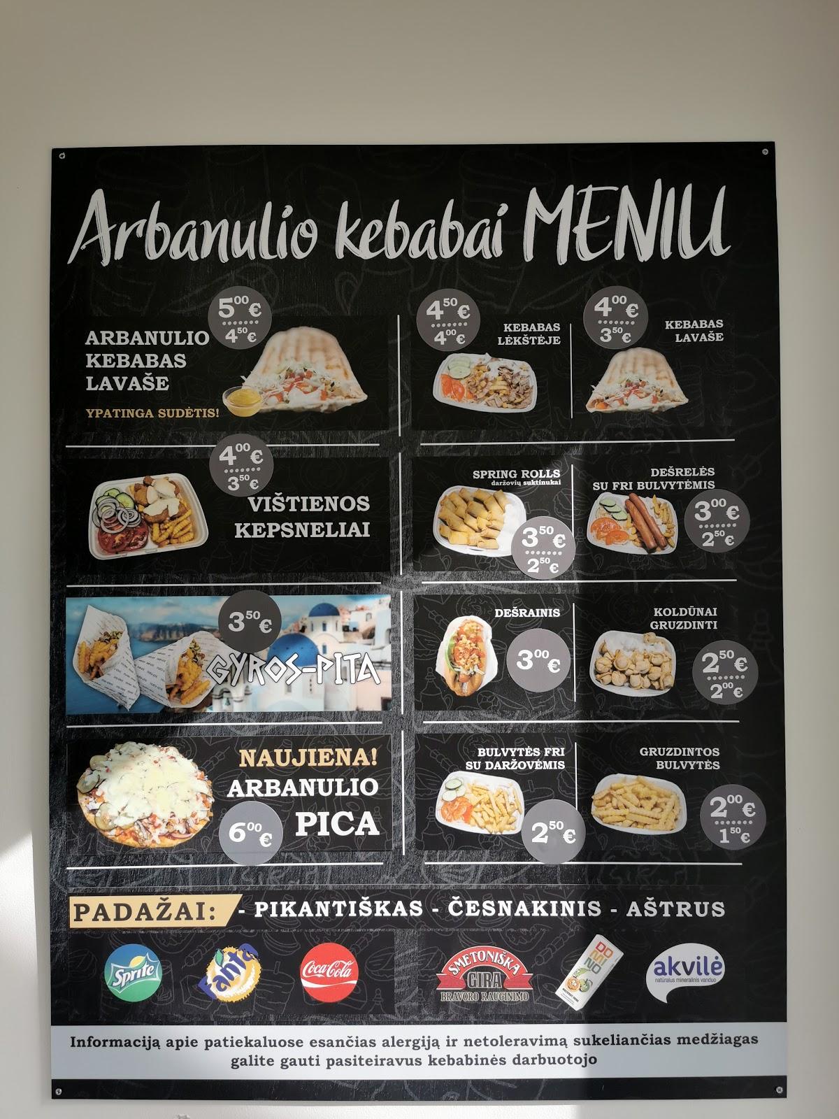 Menu at Arbanulio kebabai restaurant, Šiauliai