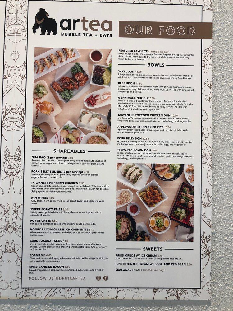Menu at Artea Bubble Tea + Eats restaurant, San Antonio