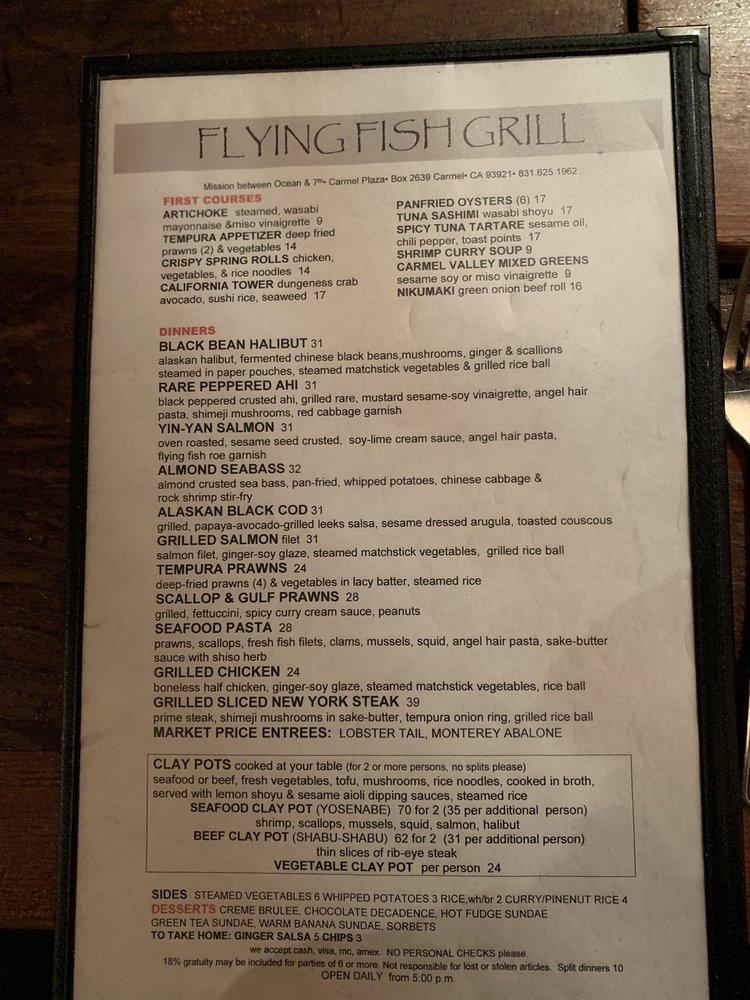 Carta del restaurante Flying Fish Grill, Carmel-by-the-Sea