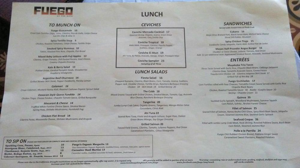 Menu at Fuego Restaurant, Long Beach