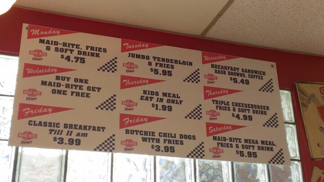 Menu at Maid-Rite restaurant, Moline, 16th St
