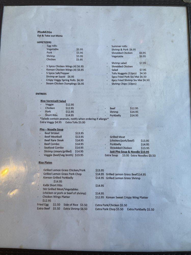 Menu at Pho Mi 2Go restaurant, North Miami Beach, W Dixie Hwy
