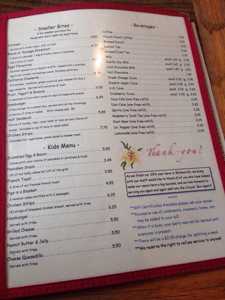 Menu at Red Apple Café cafe, Watsonville