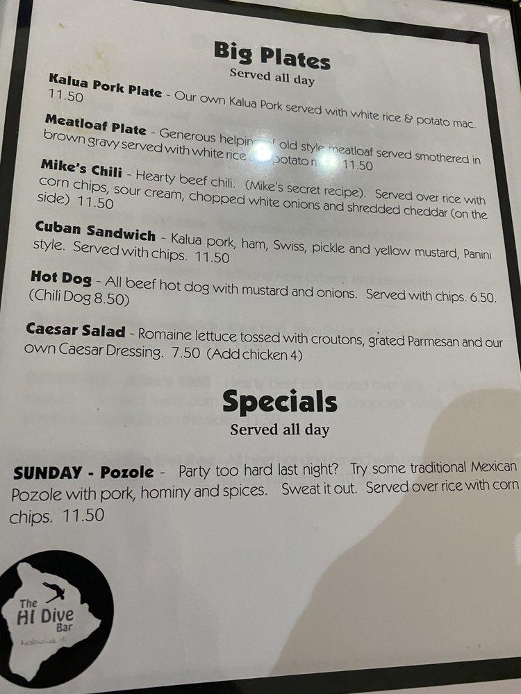 Menu at The HI Dive Bar, Kealakekua, 79-7460 Hawaiʻi Belt Rd