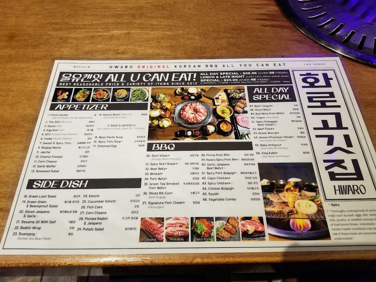 Menu at Hwaro BBQ, Las Vegas