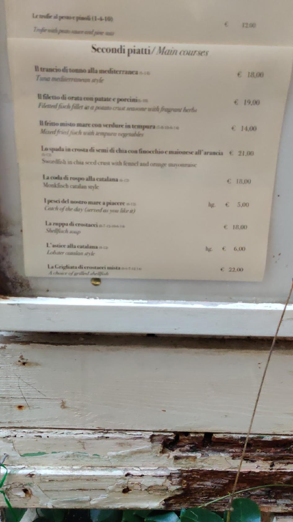 Speisekarte von La Creuza de Mauri restaurant, Lerici
