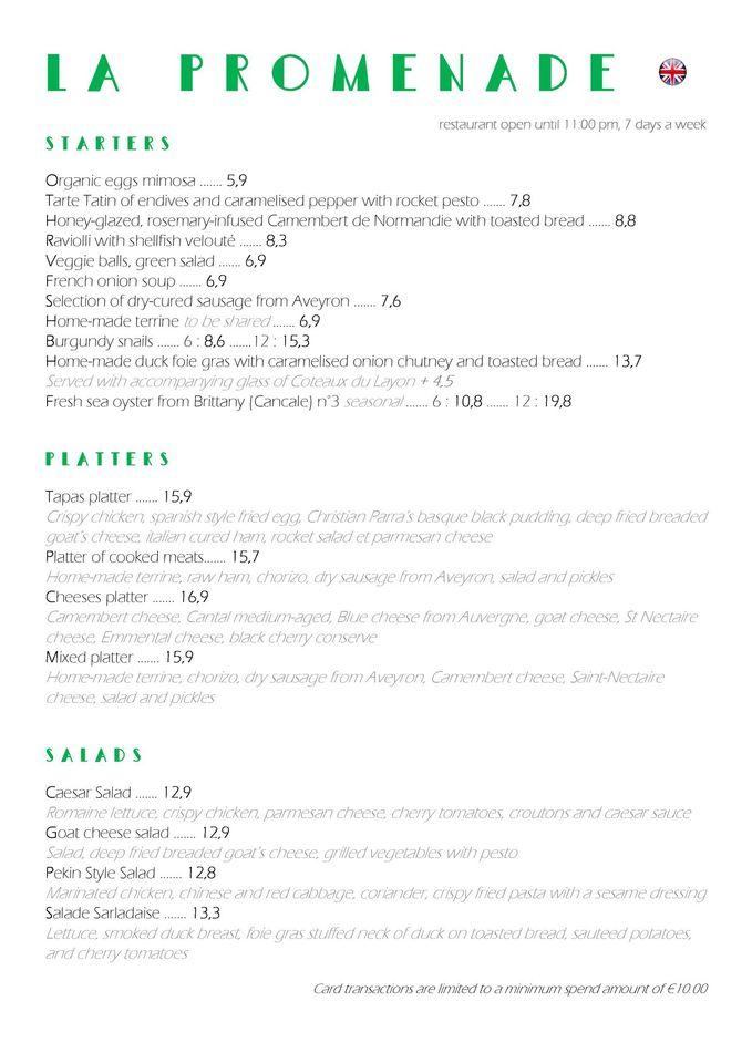 Menu at La Promenade restaurant, Paris, 32 Av. Daumesnil