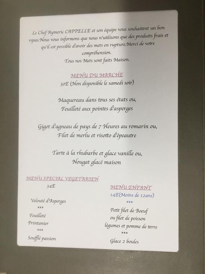 Menu at Le Village Suisse restaurant, Le Touquet