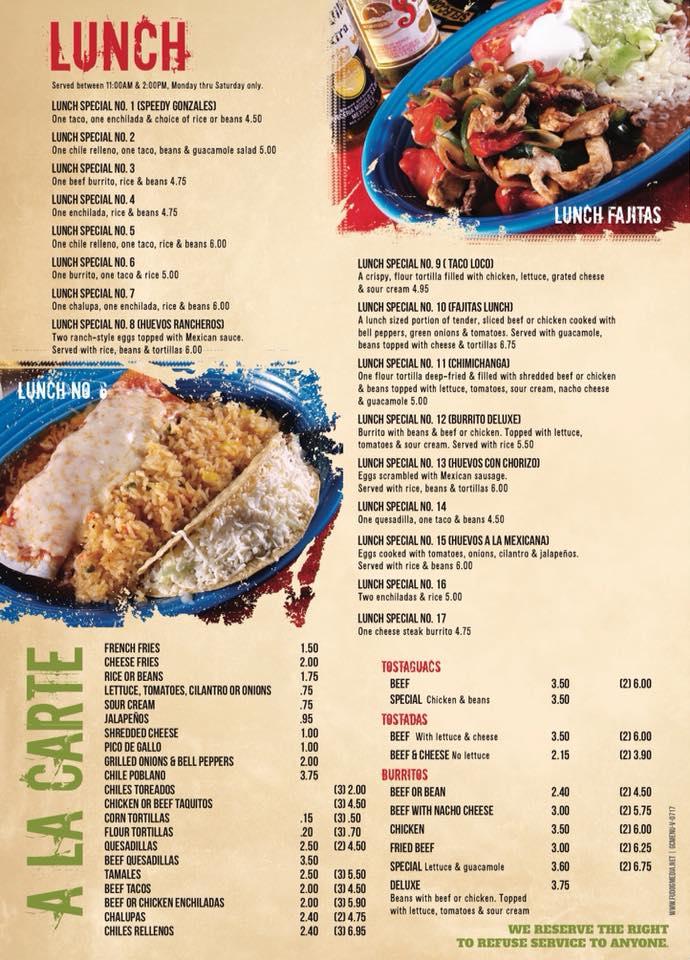 Menu at Los Arcos Mexican Restaurant, Goose Creek