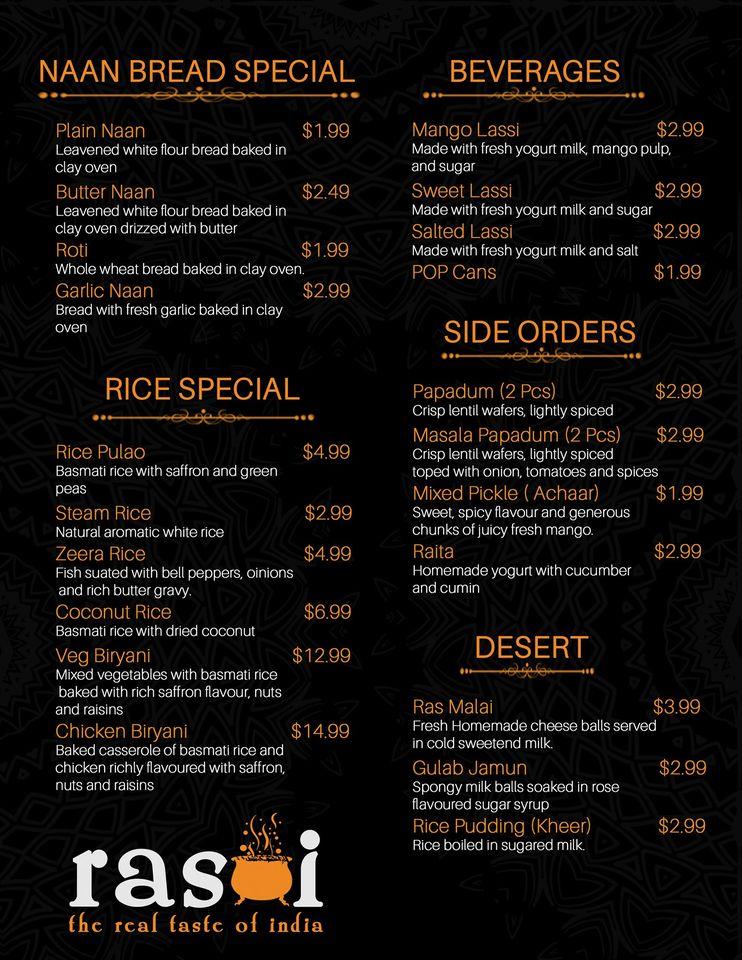 Menu at Rasoi The Real taste of india restaurant, Regina