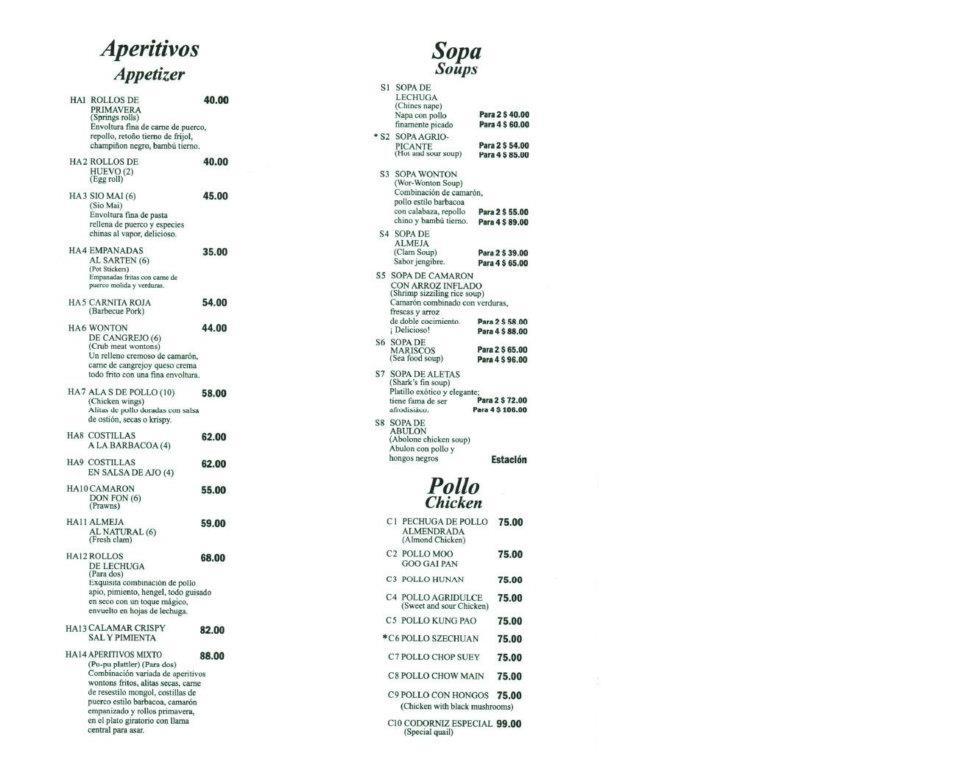 Carta del restaurante Dong Fong, Ciudad Juarez