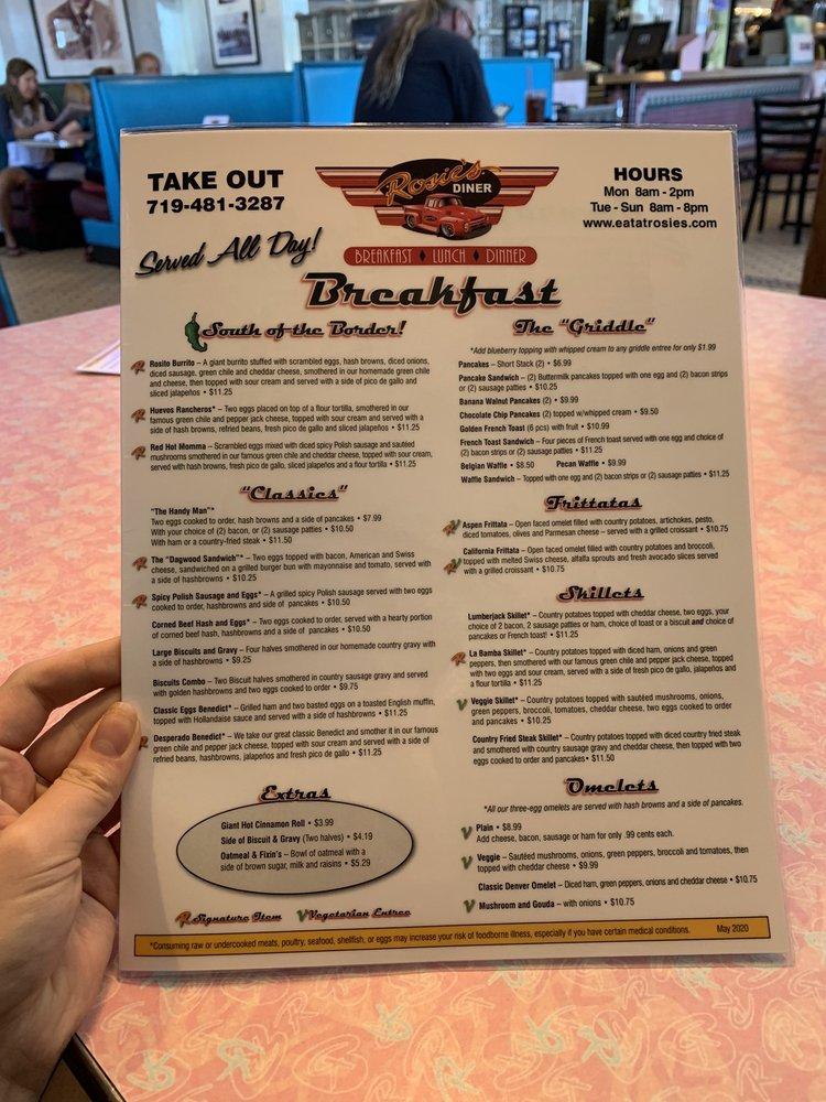 Menu at Rosie's Diner restaurant, Monument