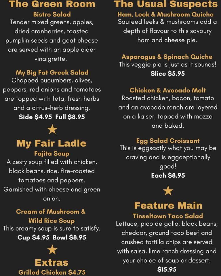 Menu at The Spotlight Bistro at the Bailey Theatre restaurant, Camrose