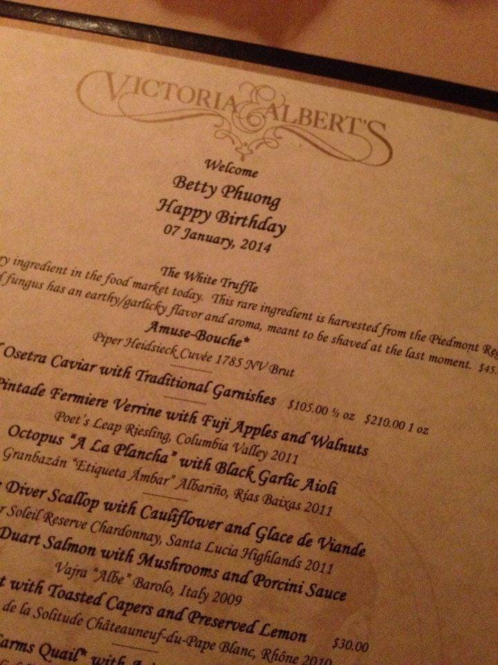 Menu at Victoria & Albert's restaurant, Orlando