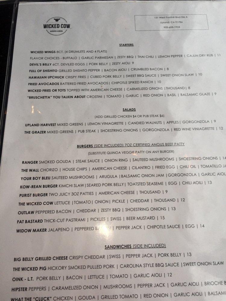 Menu at Wicked Cow Burgers and Brews - Upland pub & bar, Upland
