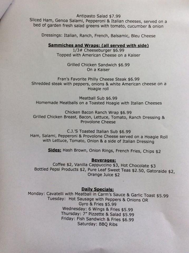 Menu at Lofaro's Drive-thru restaurant, Youngstown