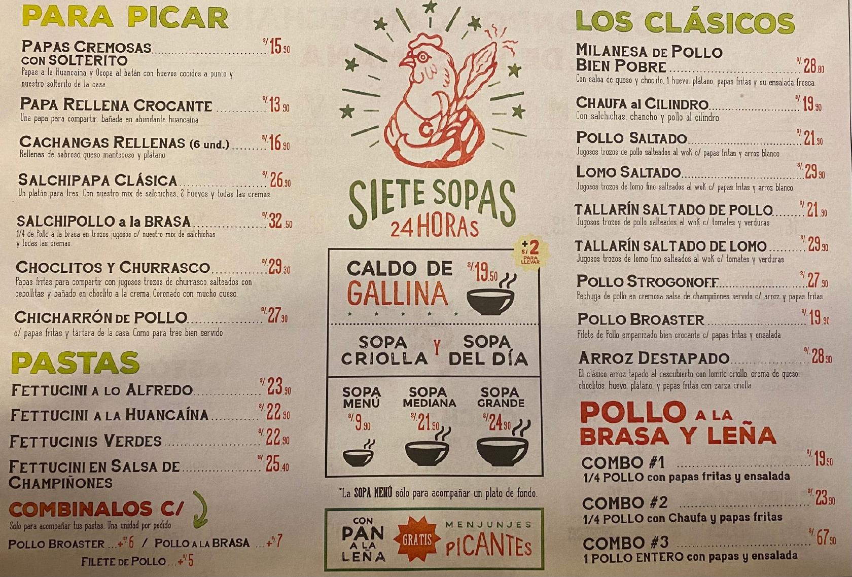 Carta del restaurante Siete Sopas, Independencia, XWVR+2PP