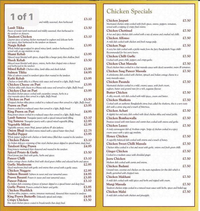 Menu at Taj Mahal restaurant, Kington