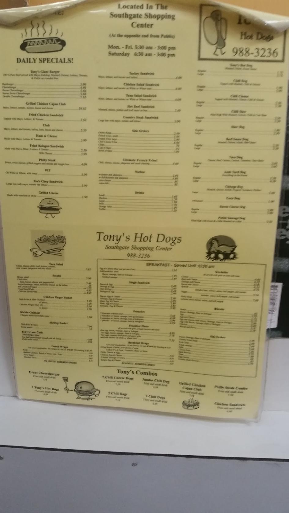 Menu at Tony's Hot Dogs restaurant, Birmingham