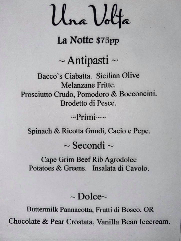 Menu at Una Volta restaurant, Newcastle