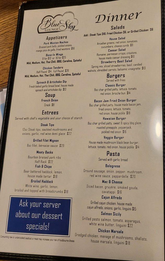 Menu at Blue Sky Lounge pub & bar, Bangor