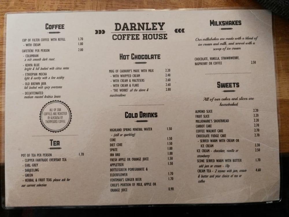 Menu at Darnley Coffee House, Stirling