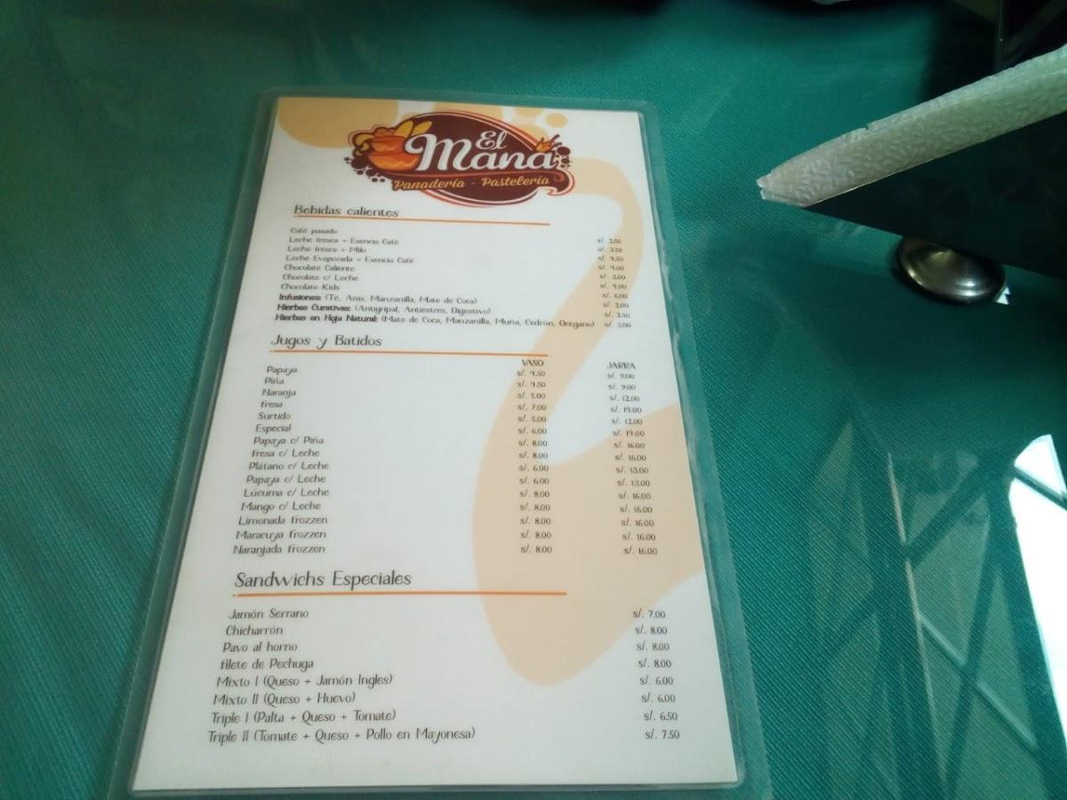 Menu at El Mana Panaderia - Pasteleria cafe, Huaraz