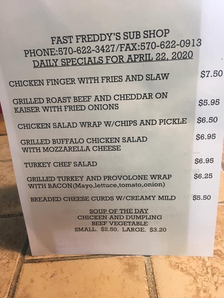 Menu at Fast Freddy's pizzeria, Pottsville