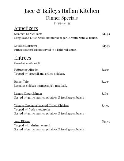 Menu at Jace & Bailey's Italian Kitchen restaurant, Pine Bush
